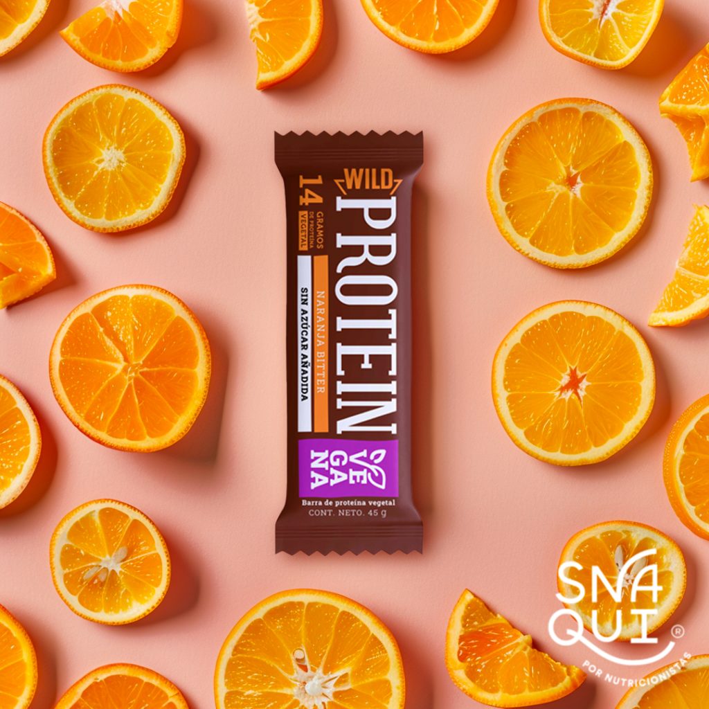 BARRA WILD PROTEIN VEGANA NARANJA BITTER 45 GRS X 16 UD – snaqui.cl